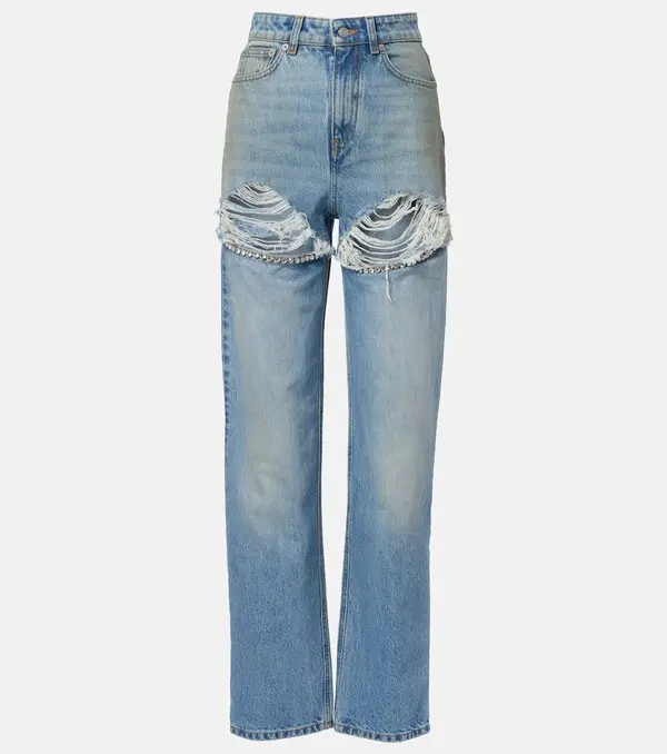 AREA Distressed Embellished Wide-leg Jeans - Blue