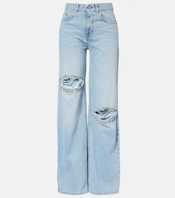 AREA Distressed Embellished Wide-leg Jeans - Blue