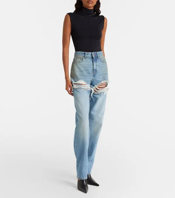 AREA Distressed Embellished Wide-leg Jeans - Blue
