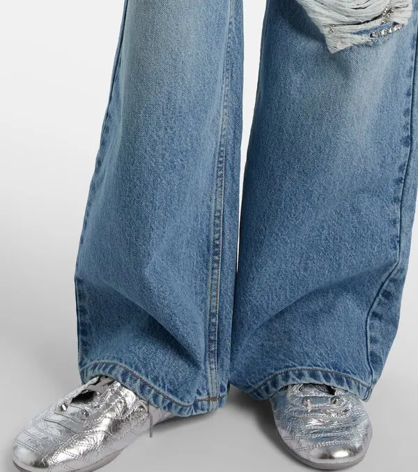 AREA Distressed Embellished Wide-leg Jeans - Blue
