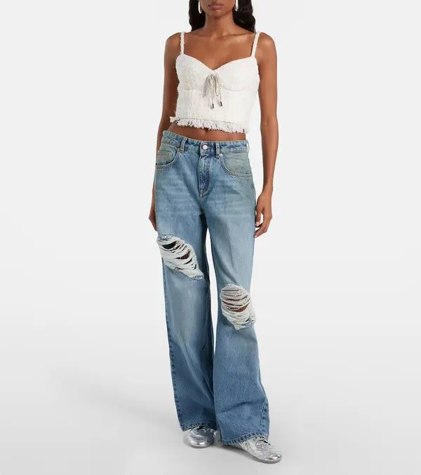 AREA Distressed Embellished Wide-leg Jeans - Blue