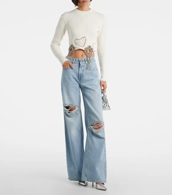 AREA Distressed Embellished Wide-leg Jeans - Blue