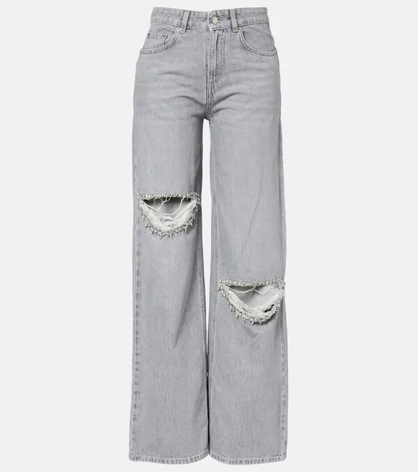 AREA Distressed Embellished Wide-leg Jeans - Grey