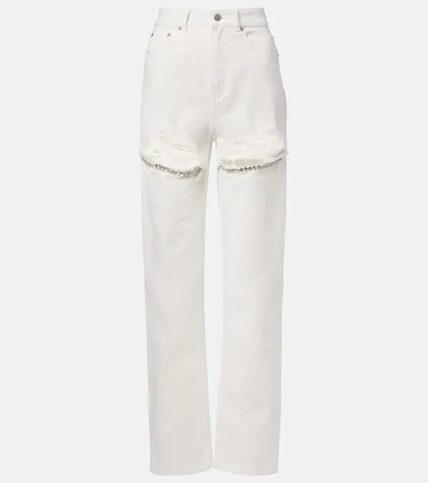 AREA Distressed Embellished Wide-leg Jeans - White