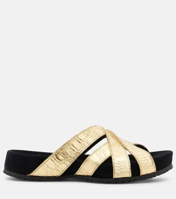 Dries Van Noten Metallic Leather And Suede Slides - Gold