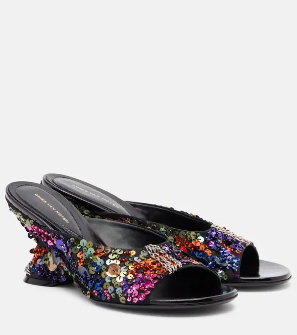 Dries Van Noten 75 Sequined Leather Wedge Mules