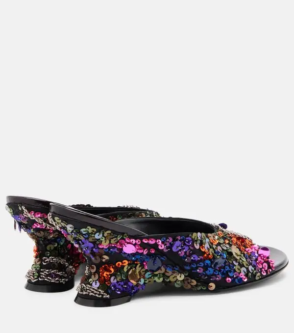 Dries Van Noten 75 Sequined Leather Wedge Mules