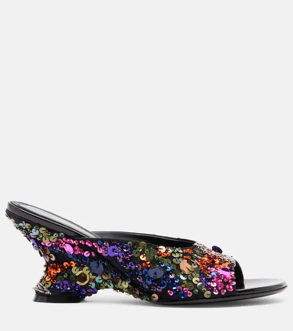 Dries Van Noten 75 Sequined Leather Wedge Mules