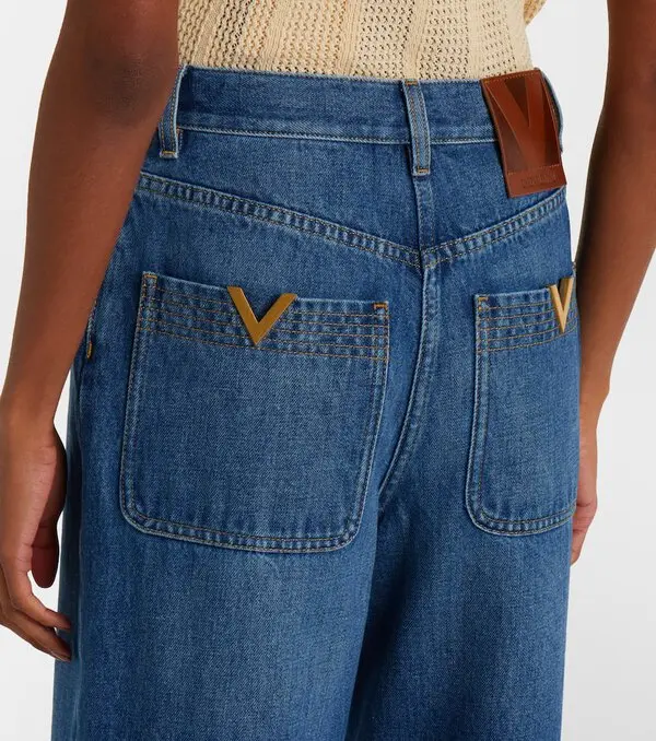 Valentino Garavani Leather-trimmed Wide-leg Jeans