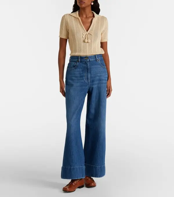 Valentino Garavani Leather-trimmed Wide-leg Jeans