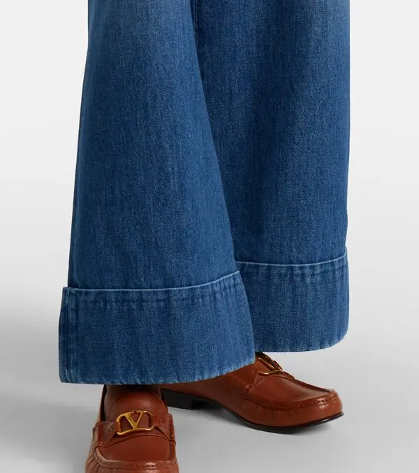 Valentino Garavani Leather-trimmed Wide-leg Jeans