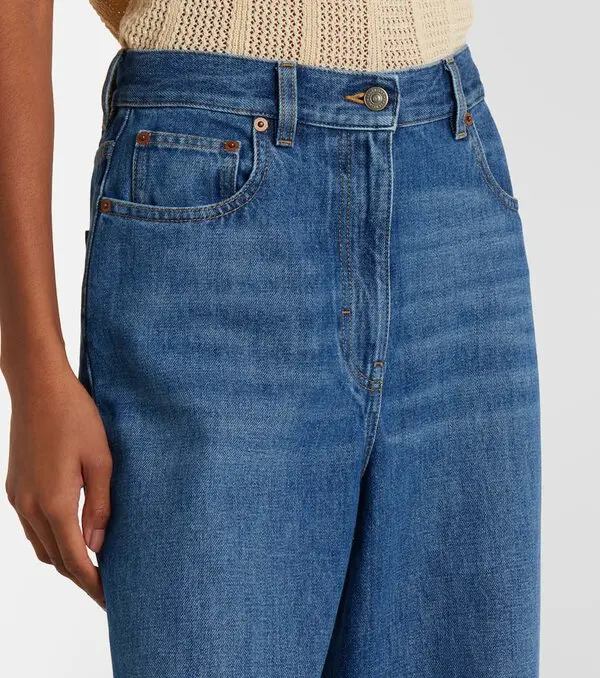 Valentino Garavani Leather-trimmed Wide-leg Jeans