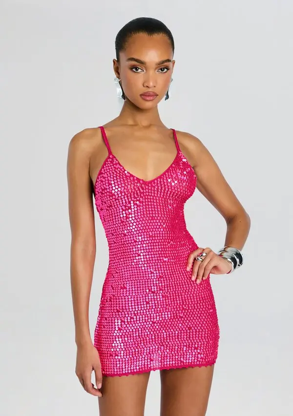 Retrofete Renata Sequin Crochet Mini Dress - Hyper Pink