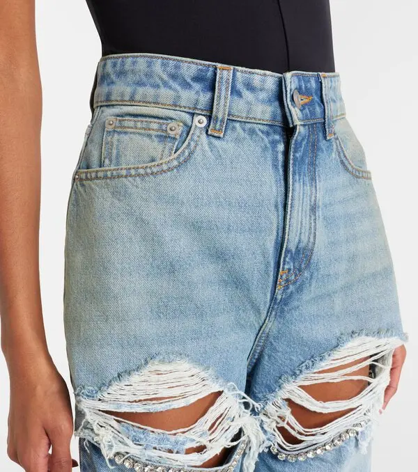 AREA Distressed Embellished Wide-leg Jeans