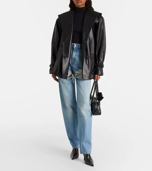 AREA Distressed Embellished Wide-leg Jeans