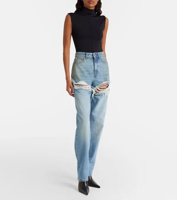 AREA Distressed Embellished Wide-leg Jeans
