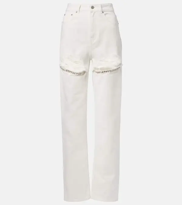 AREA Distressed Embellished Wide-leg Jeans