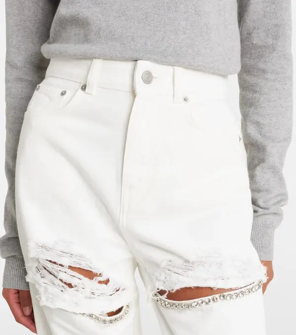 AREA Distressed Embellished Wide-leg Jeans