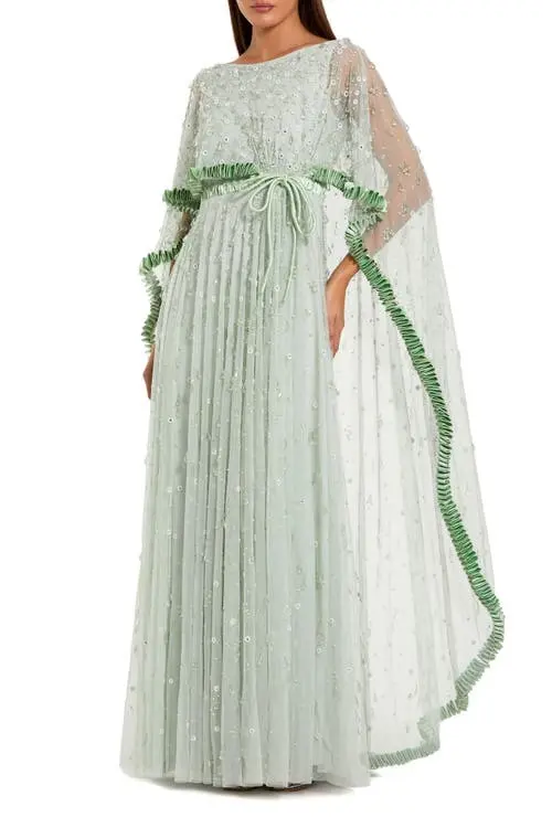 Mac Duggal Beaded Cape Sleeve Gown With Ruffled Trim Detail - Jade