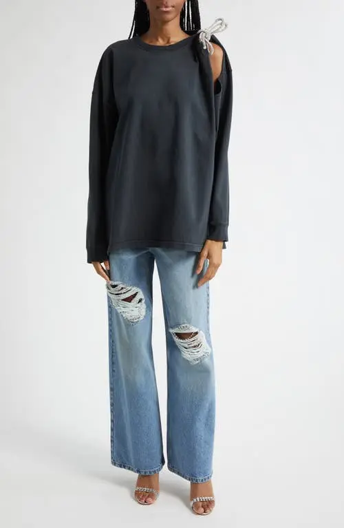 AREA Crystal Embellished Ripped Wide Leg Jeans