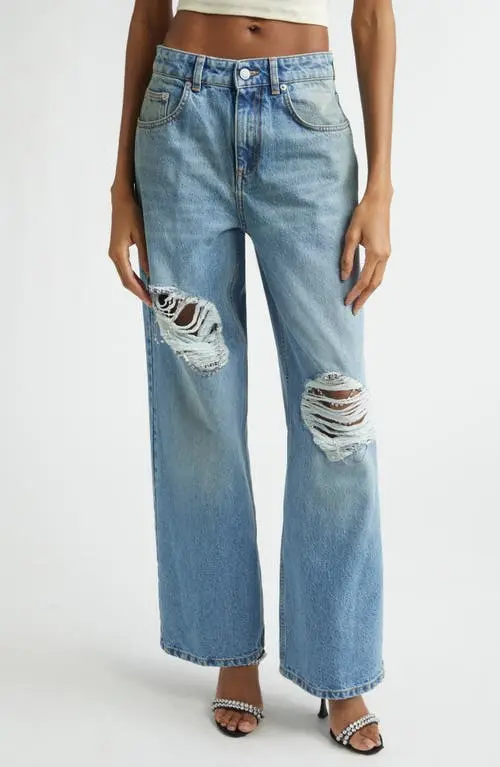 AREA Crystal Embellished Ripped Wide Leg Jeans - Medium Blue