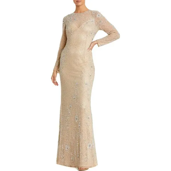 Mac Duggal Embellished Long Sleeve Evening Gown - Nude Silver