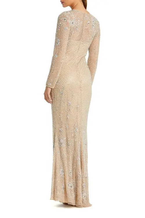 Mac Duggal Embellished Long Sleeve Evening Gown - Nude Silver