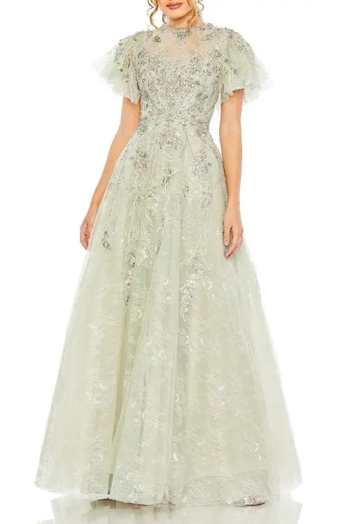 Mac Duggal Illusion Neck Beaded Lace Flutter Sleeve Ball Gown - Seafoam