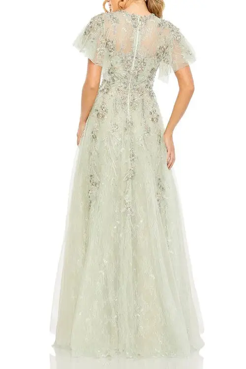 Mac Duggal Illusion Neck Beaded Lace Flutter Sleeve Ball Gown