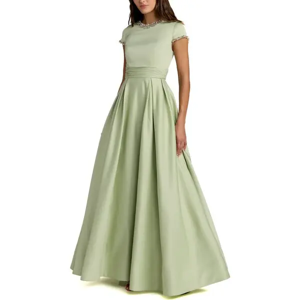 Mac Duggal Embellished Satin Cap Sleeve Ball Gown - Sage
