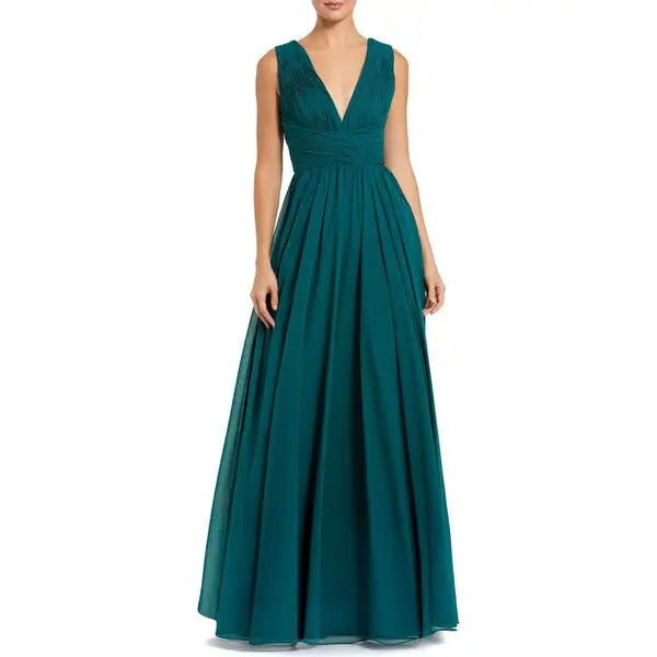 Mac Duggal Sleeveless Ruched V-neck Chiffon Gown - Teal
