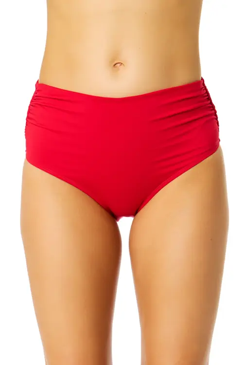 ANNE COLE Convertible High Waist Shirred Swim Bottom - Ruby Red