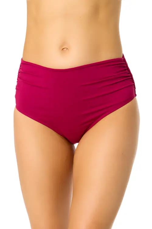 ANNE COLE Convertible High Waist Shirred Swim Bottom - Wine