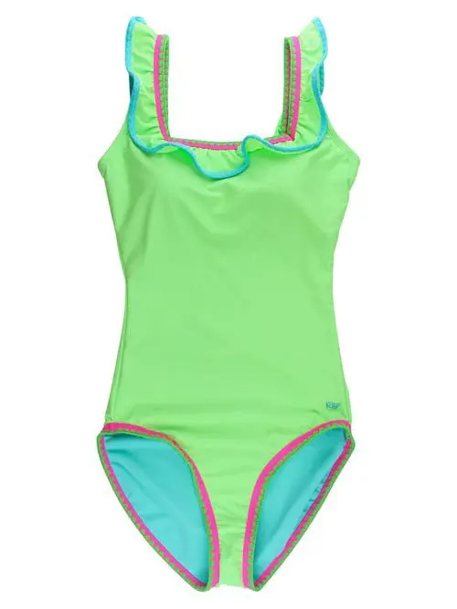 RUFFLEBUTTS Upf 50+ Crochet Ruffle One-piece Swimsuit - Neon Honeydew
