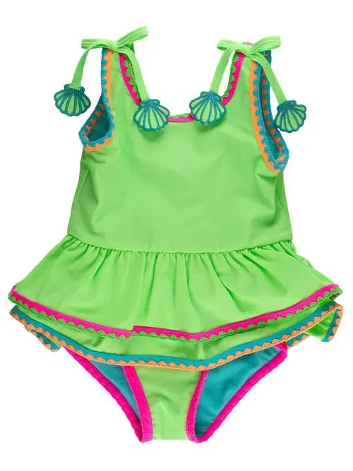 RUFFLEBUTTS Upf 50+ Crochet Detail Peplum One-piece Swimsuit - Neon Honeydew