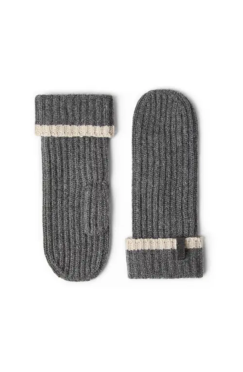 Brunello Cucinelli Knit Mittens With Monili - Medium Grey