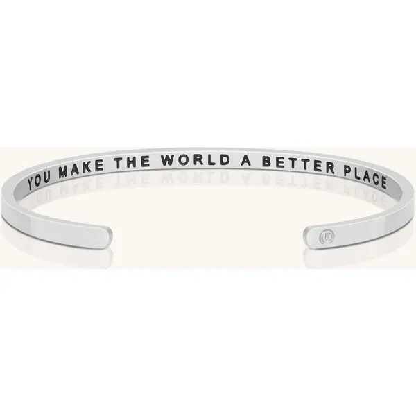 MANTRA You Make The World A Better Place Stainless Steel Open Cuff Bracelet - Inside - Silver