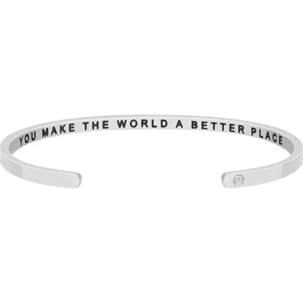 MANTRA You Make The World A Better Place Stainless Steel Open Cuff Bracelet - Inside - Silver