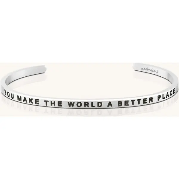 MANTRA You Make The World A Better Place Stainless Steel Open Cuff Bracelet - Outside - Silver