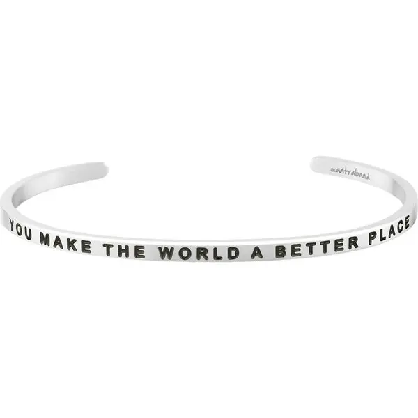 MANTRA You Make The World A Better Place Stainless Steel Open Cuff Bracelet - Outside - Silver