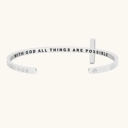MANTRA Cross Cuff Bracelet - Matthew 19:26 - Silver