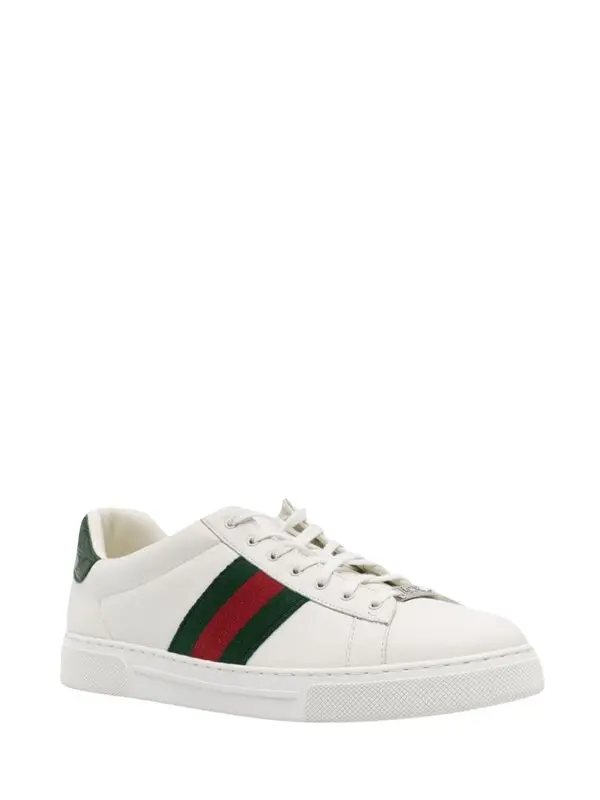 Gucci Ace Sneaker With Web Stripe And Metal Tag - White