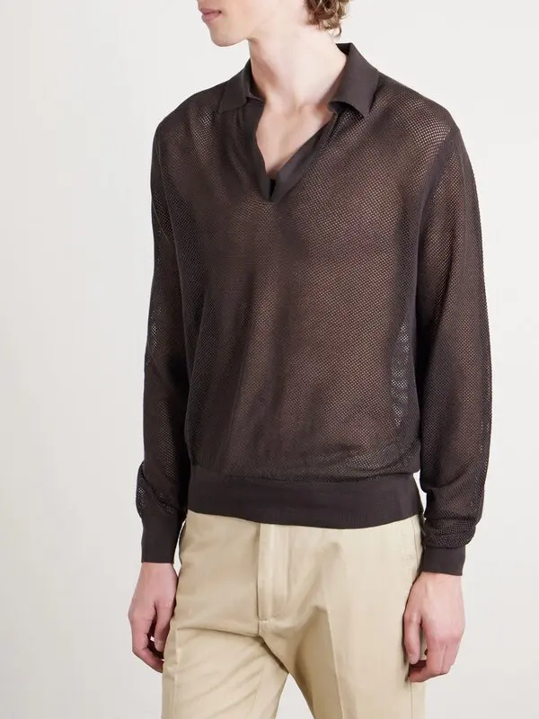 TOM FORD Open-knit Sea Island Cotton And Silk-blend Polo Shirt - Brown