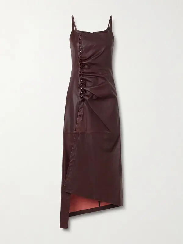 Rabanne Asymmetric Ruched Leather Midi Dress - Brown