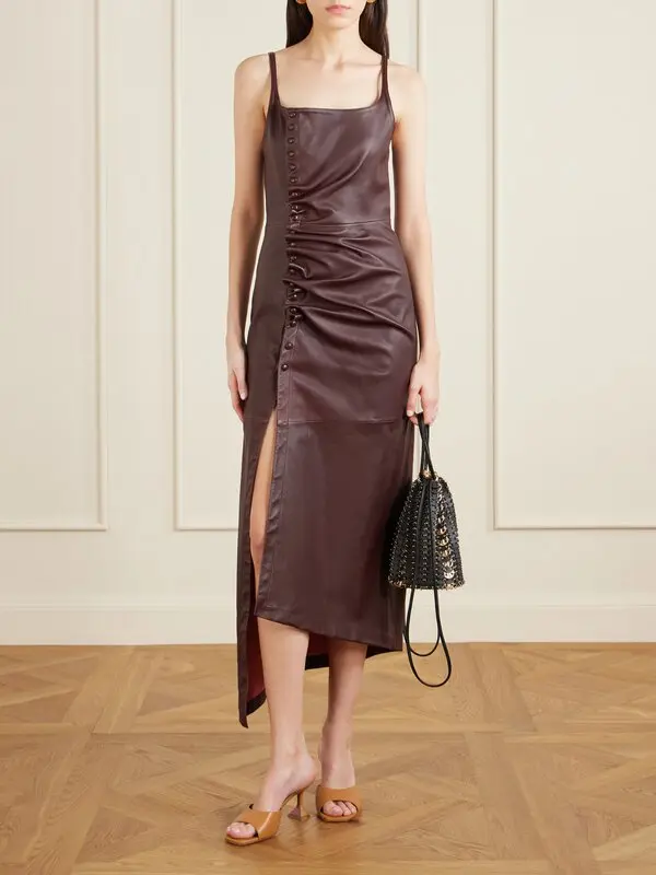Rabanne Asymmetric Ruched Leather Midi Dress - Brown