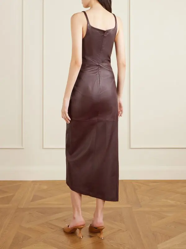 Rabanne Asymmetric Ruched Leather Midi Dress - Brown