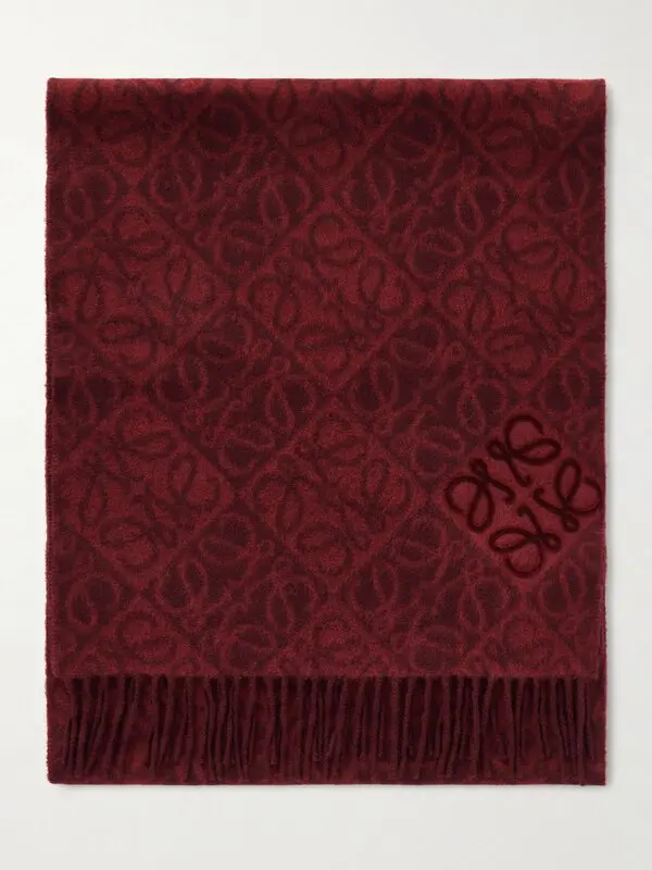 Loewe Fringed Wool And Cashmere-blend Jacquard Scarf - Burgundy