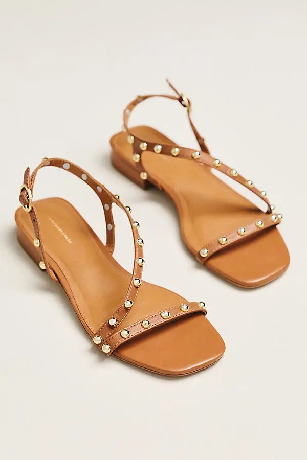 Anthropologie Strappy Studded Flats - Tan
