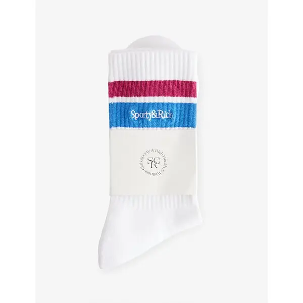 SPORTY & RICH Serif Logo Striped Stretch-cotton Blend Socks - White/berry/azure