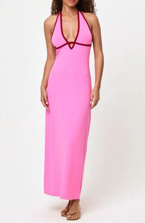 L*Space Shea Contrast Binding Halter Rib Maxi Cover-up Dress - Hottest Pink/simmer